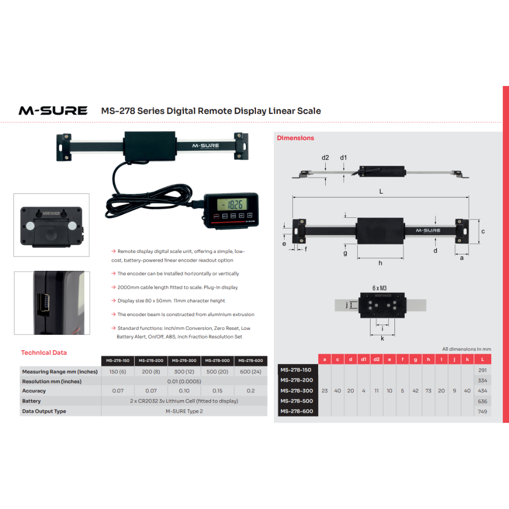 M-SURE Remote Digital Linear Scale 300mm (12 inch) – Machine-DRO